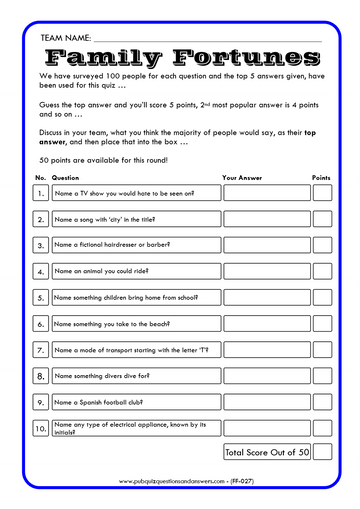 Family Fortunes Questions And Answers – Boogie Bingo Games